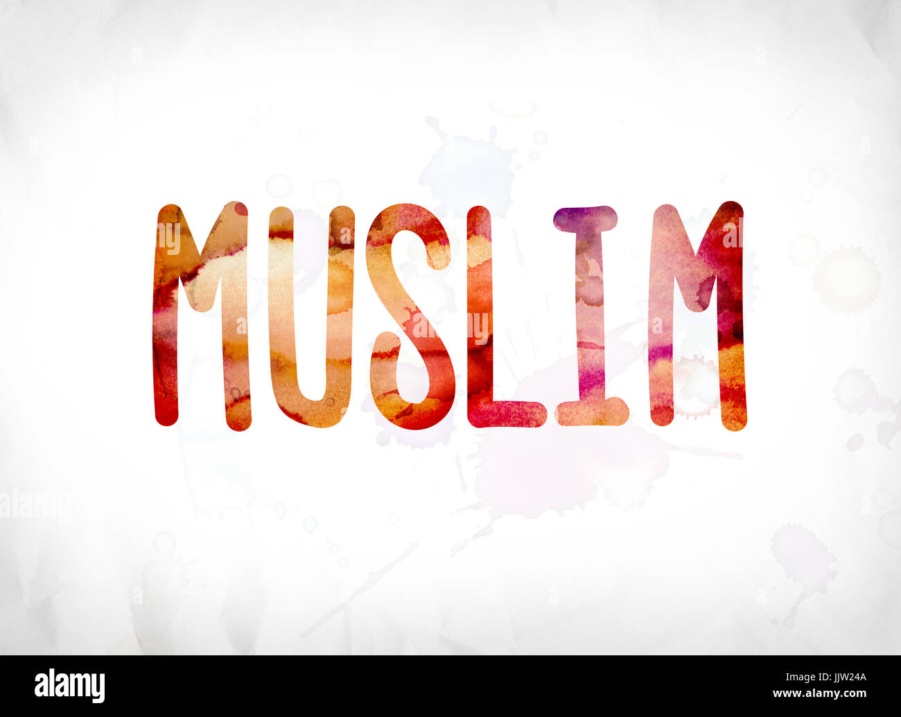 The word Muslim concept and theme painted in colorful watercolors on a ...