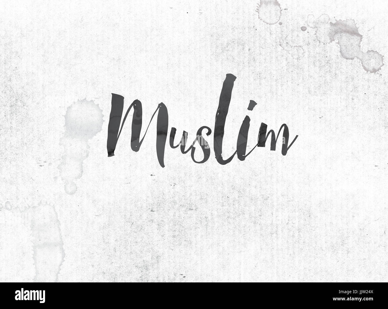 The word Muslim concept and theme painted in black ink on a watercolor ...