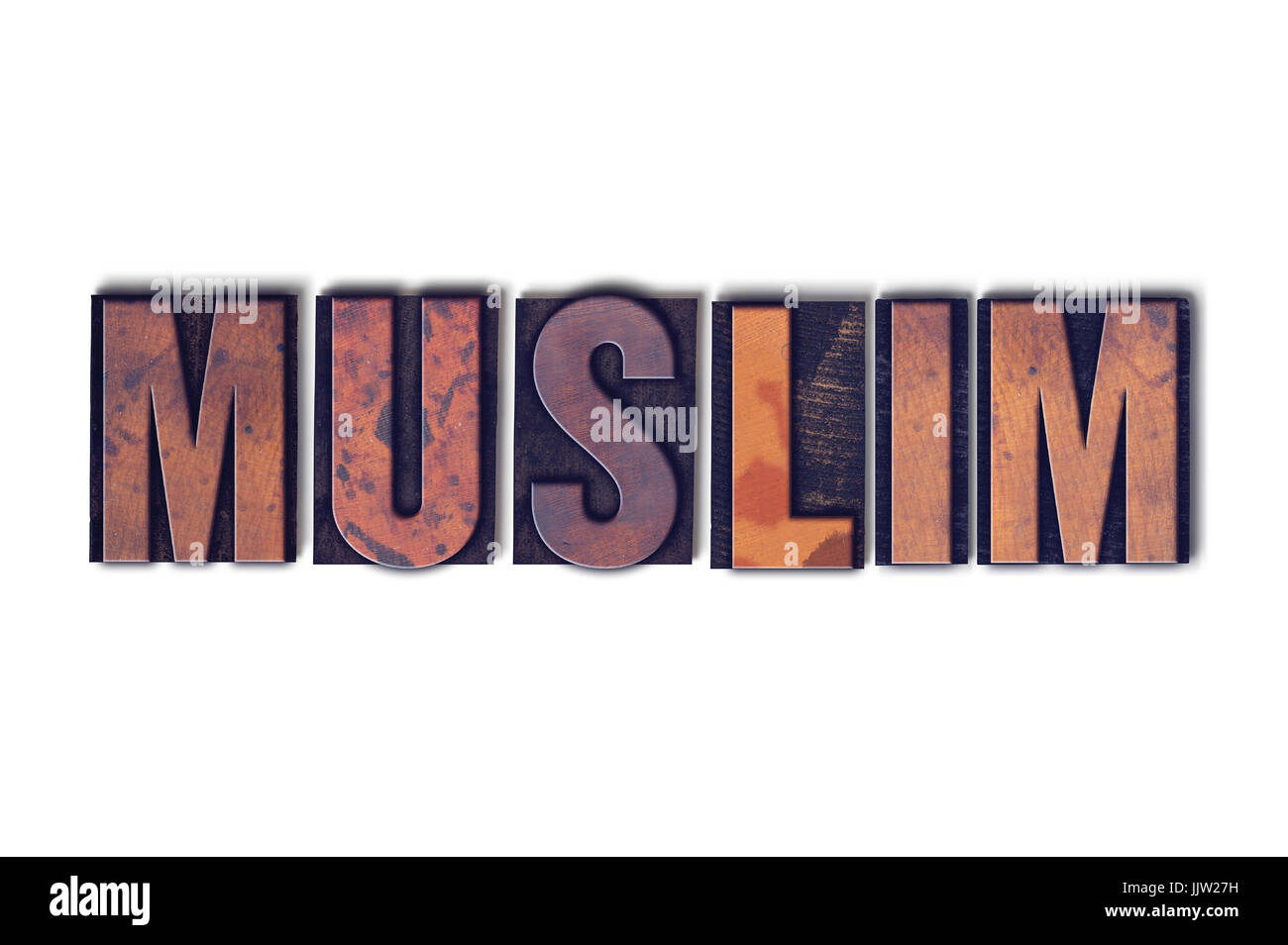 The word Muslim concept and theme written in vintage wooden letterpress ...