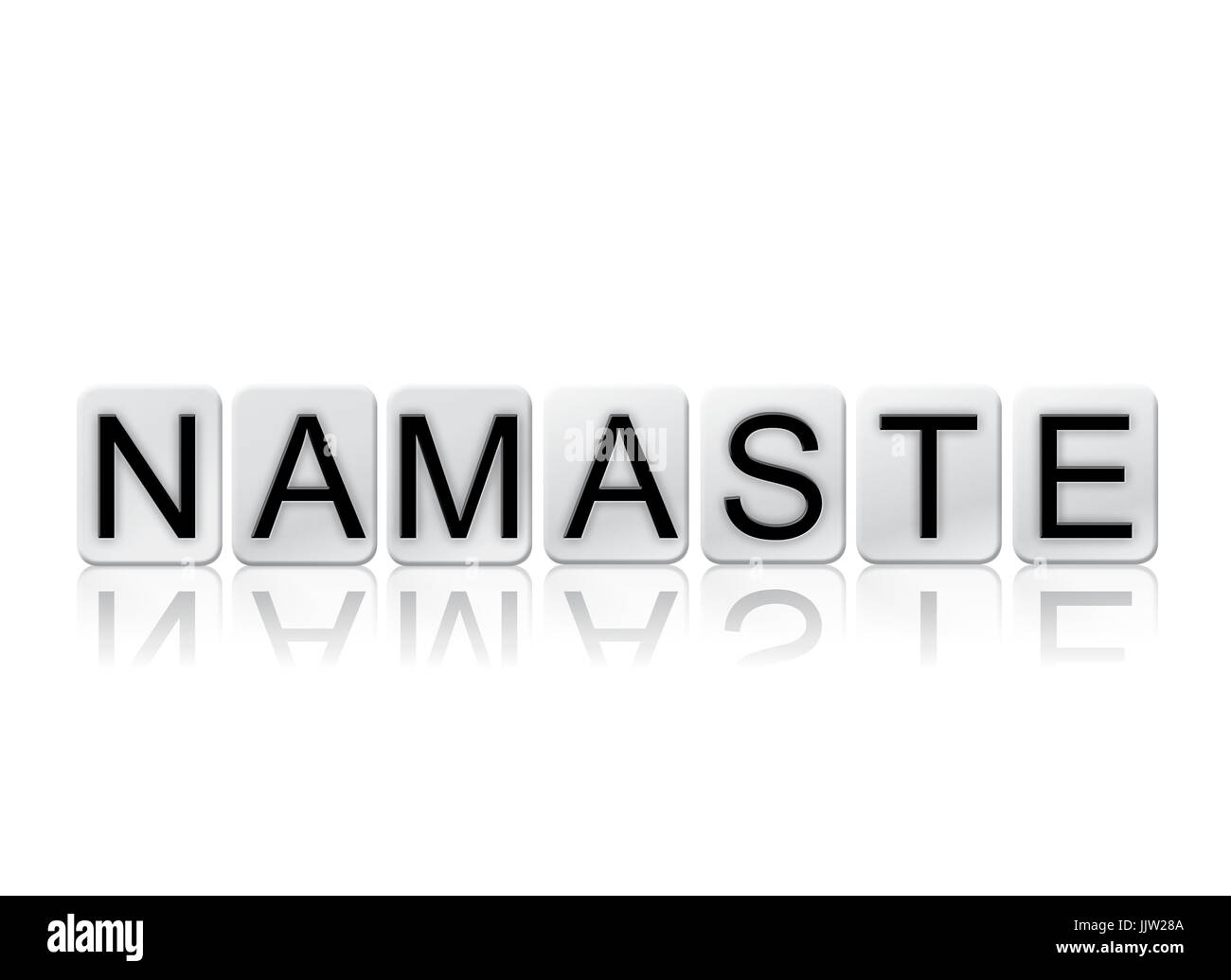The word Namaste concept and theme written in white tiles and isolated ...