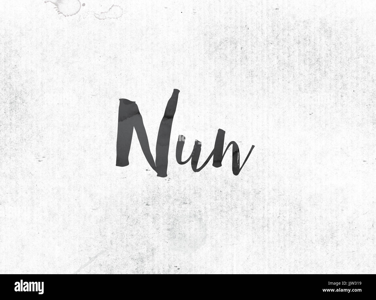 The word Nun concept and theme painted in black ink on a watercolor ...