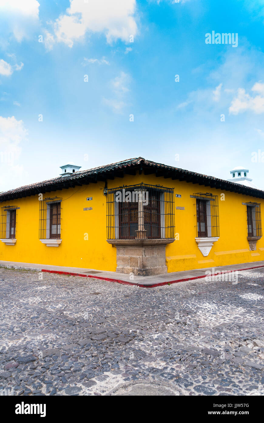 Corner perspective colonial house with barred windows in Antigua ...