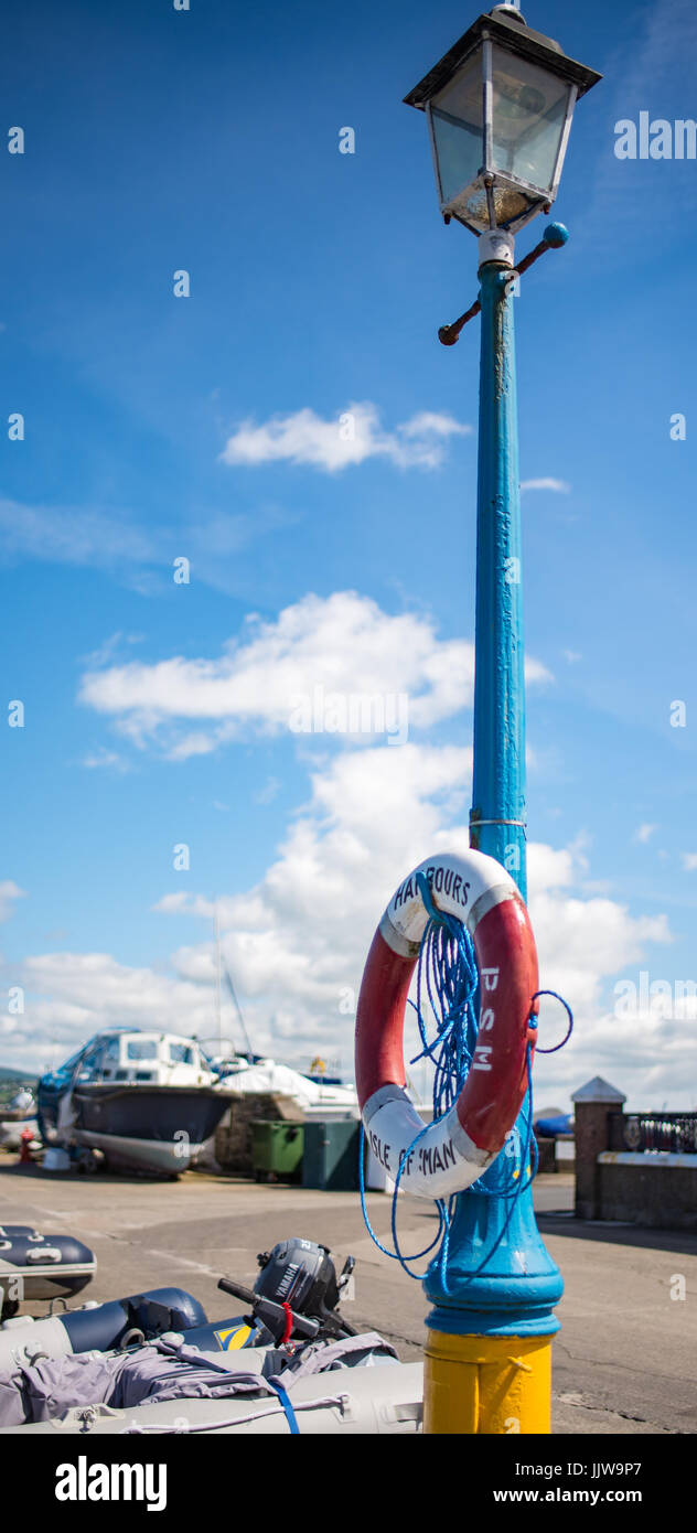 Lamp post with lifebuoy at Port St Mary Harbour Stock Photo - Alamy