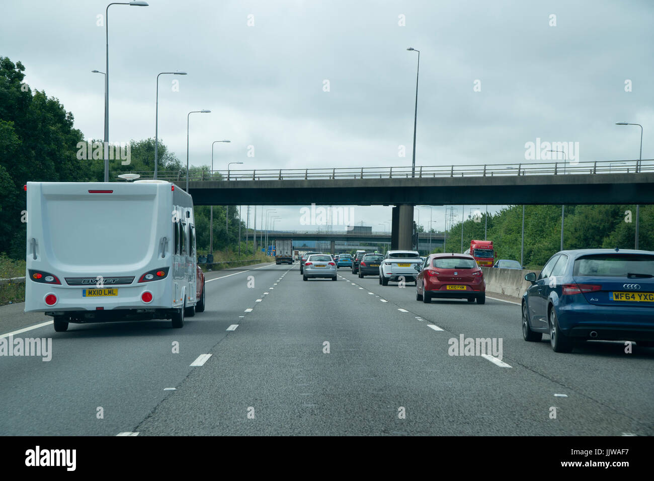 Driver's view of a motorway in England, UK, looking through the ...