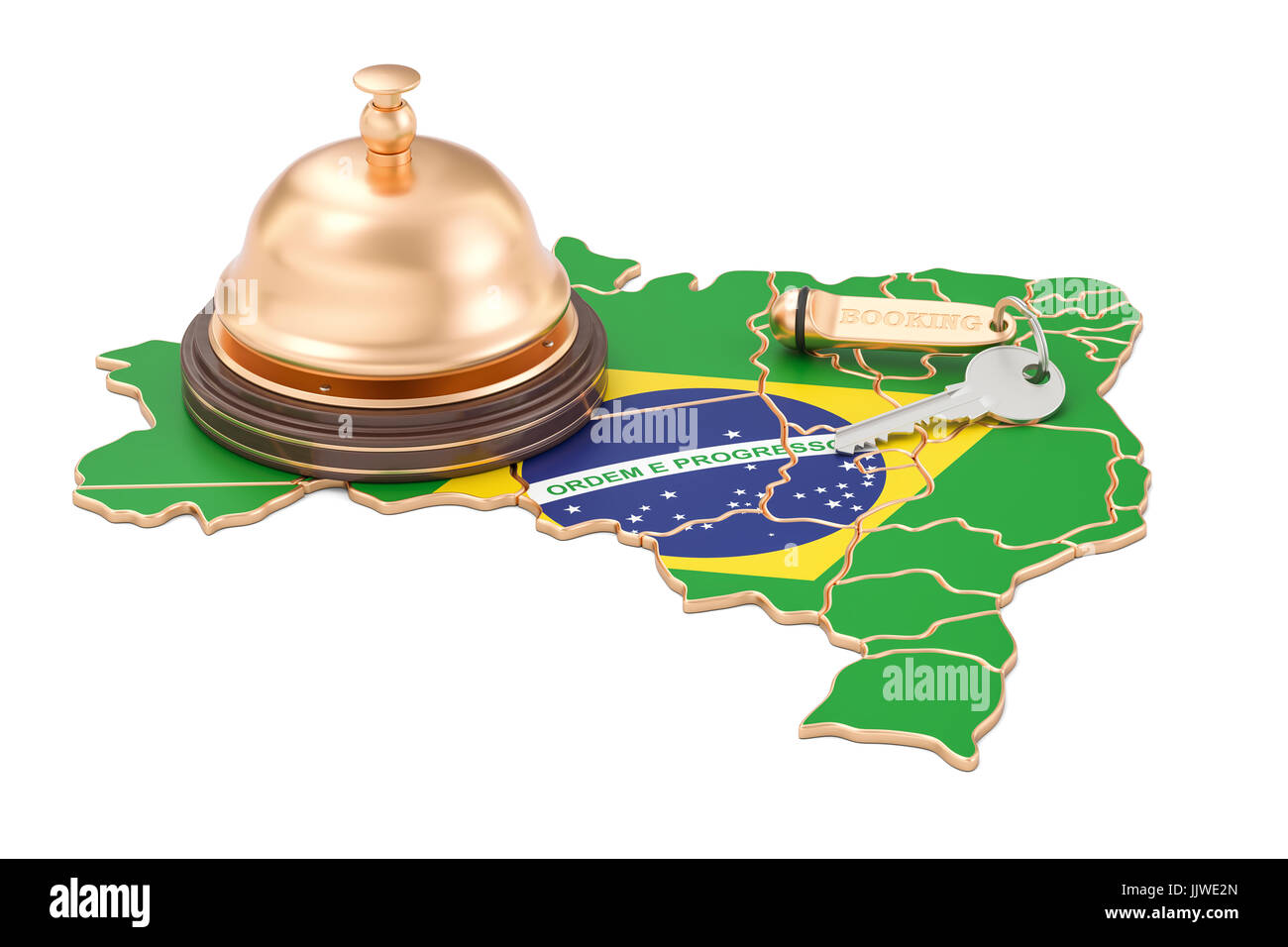 Brazil booking concept. Brazilian flag with hotel key and reception ...