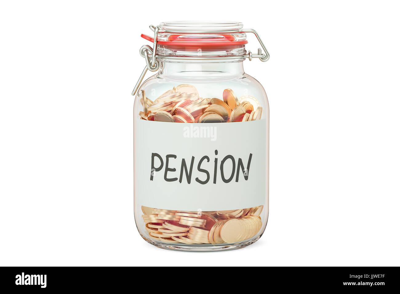 Pension savings concept. Glass jar with golden coins, 3D rendering ...