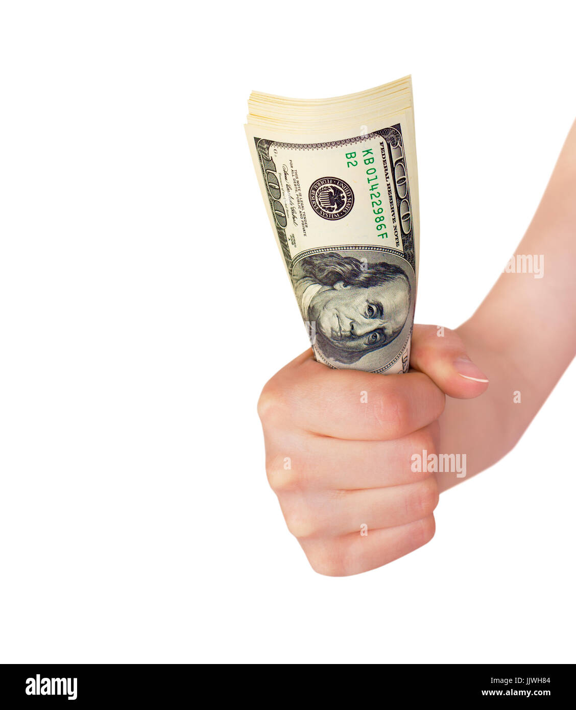 Female hand with a package of money isolated on a white background ...