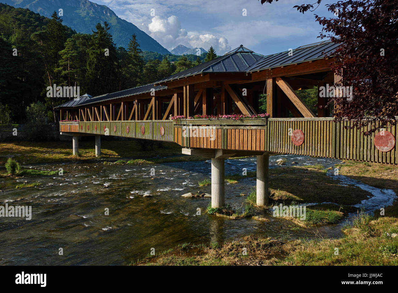 Covered bridge across River Sarca near Ponte Arche. Italy Stock Photo ...