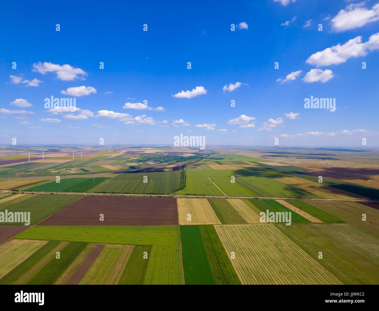 Aerial top view photo from flying drone of a land with sown green ...