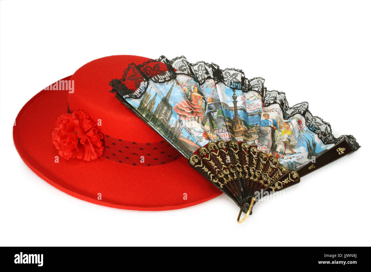 Red ladies hat and spanish fan isolated on white background Stock Photo ...
