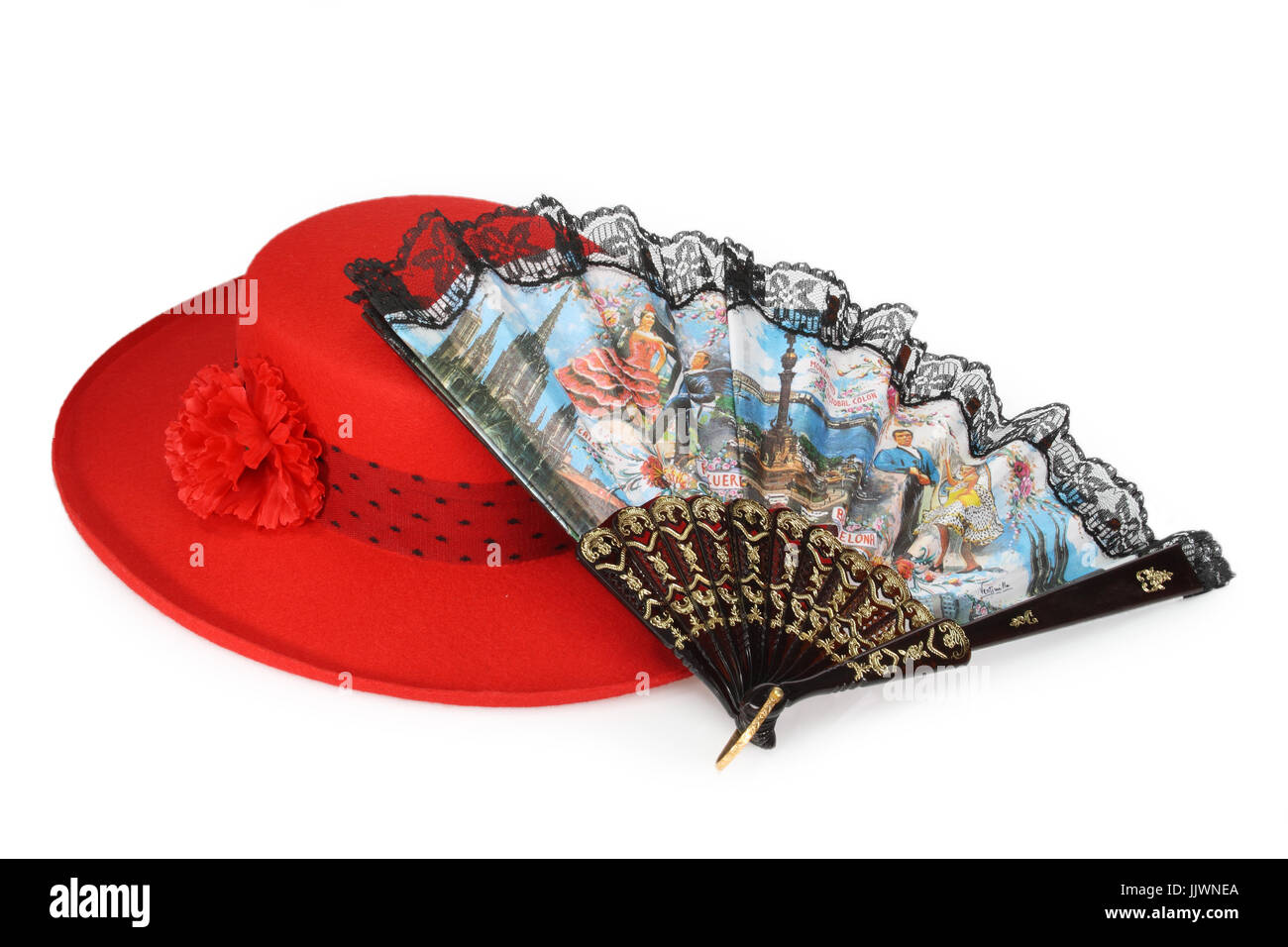 Red ladies hat and spanish fan isolated on white background Stock Photo ...