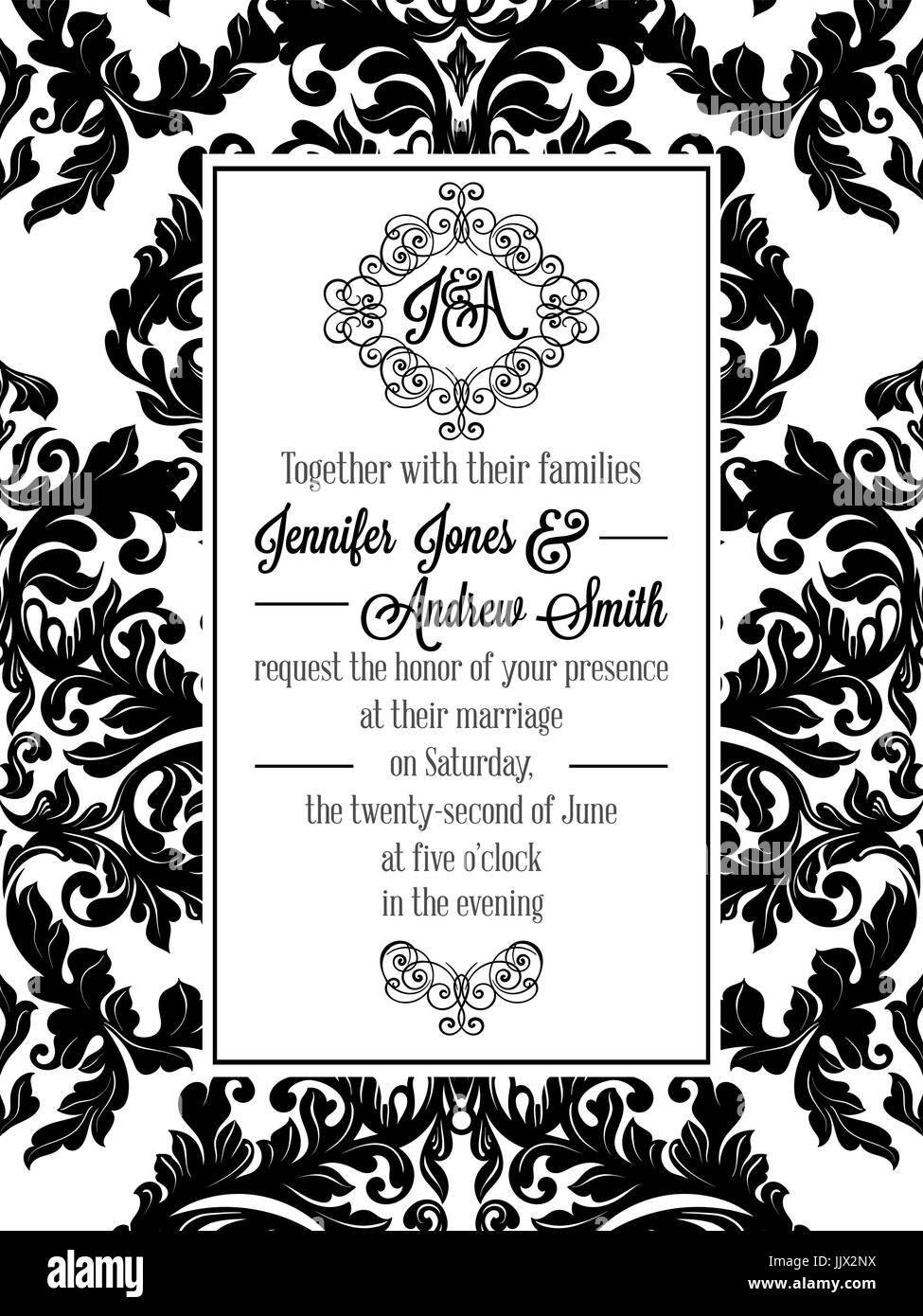 Vintage delicate formal invitation card with black and white lacy ...