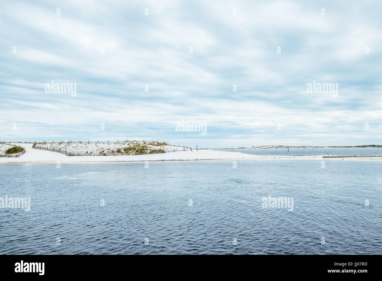 East Pass and white sand dunes mark the entrance to Destin Harbor and ...