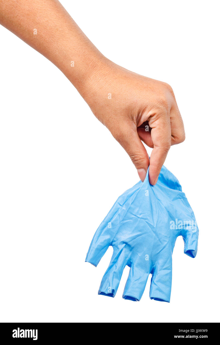 Hand throwing away blue disposable gloves medical, Isolated on white ...