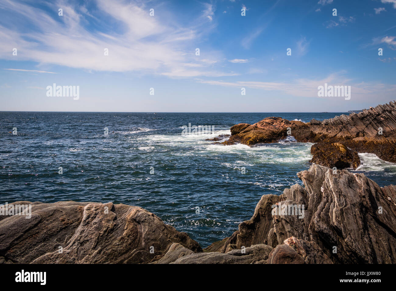 Scenic rocky shoreline in La Verna Preserve in Bristol, Maine, on a ...