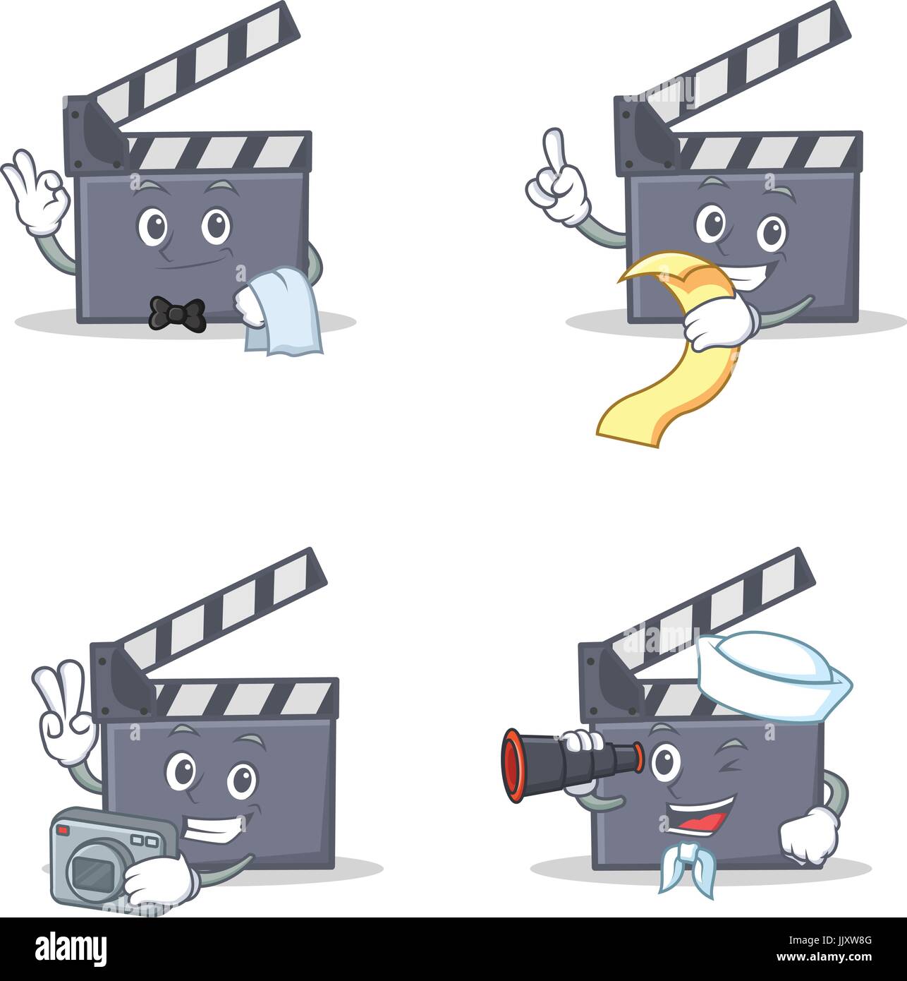 Set of movie clapper character with waiter menu photo binocular Stock ...