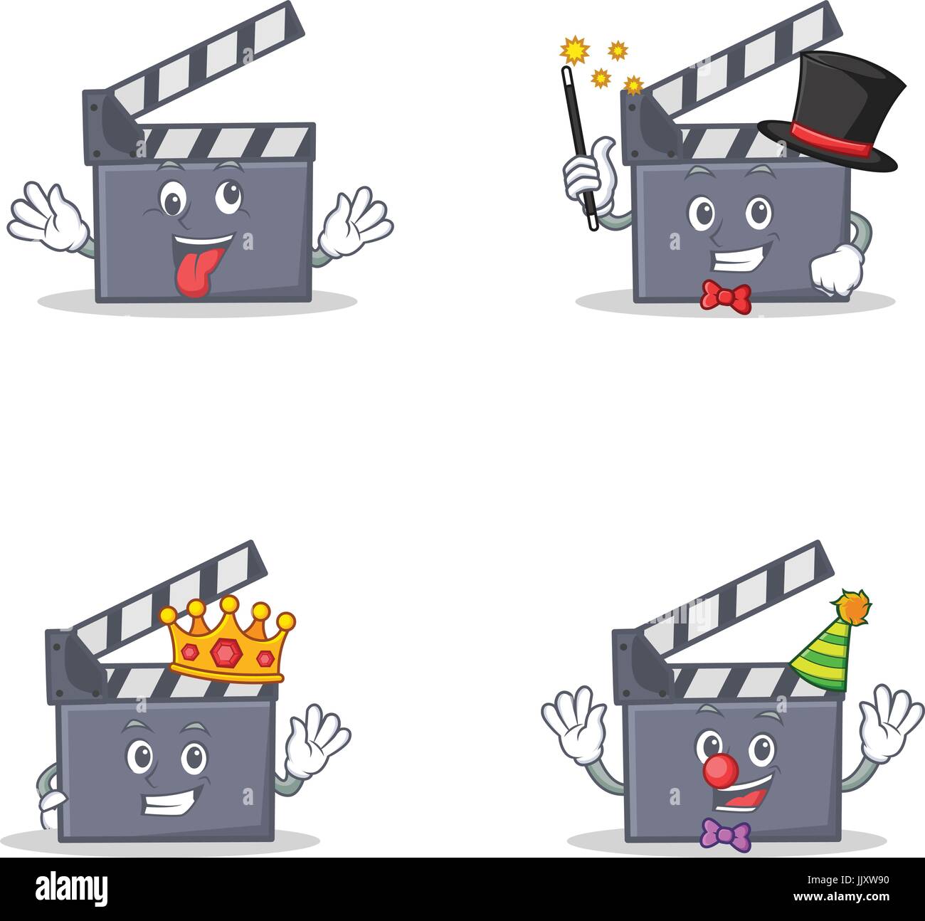 Set of movie clapper character with crazy magician king clown Stock ...
