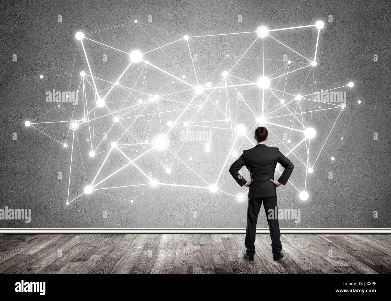 Connection lines drawn on concrete wall as symbol for networking Stock ...