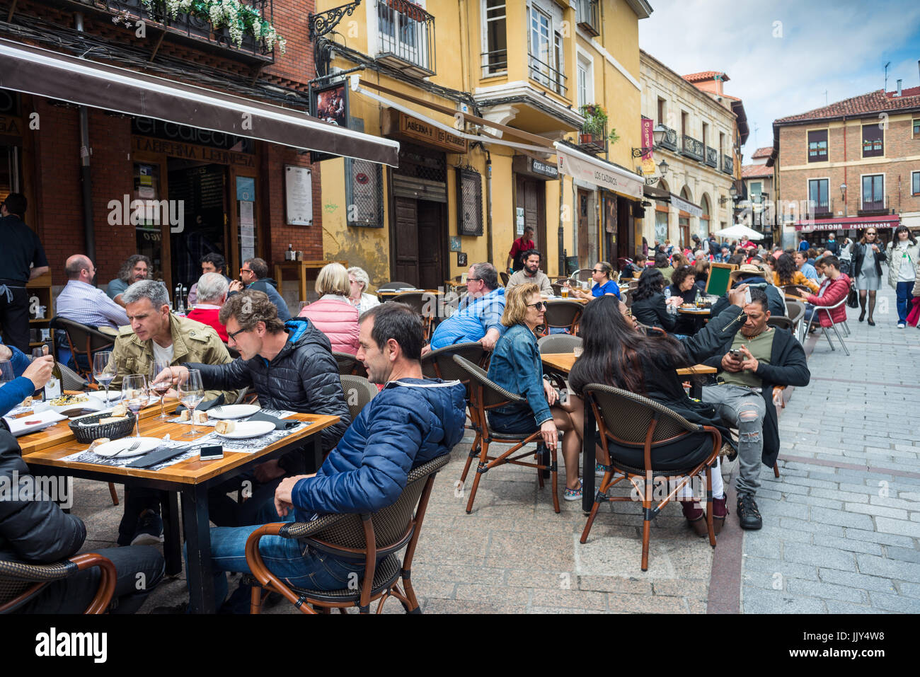 street scene in the historic center of the Leon, Spain. Camino de ...