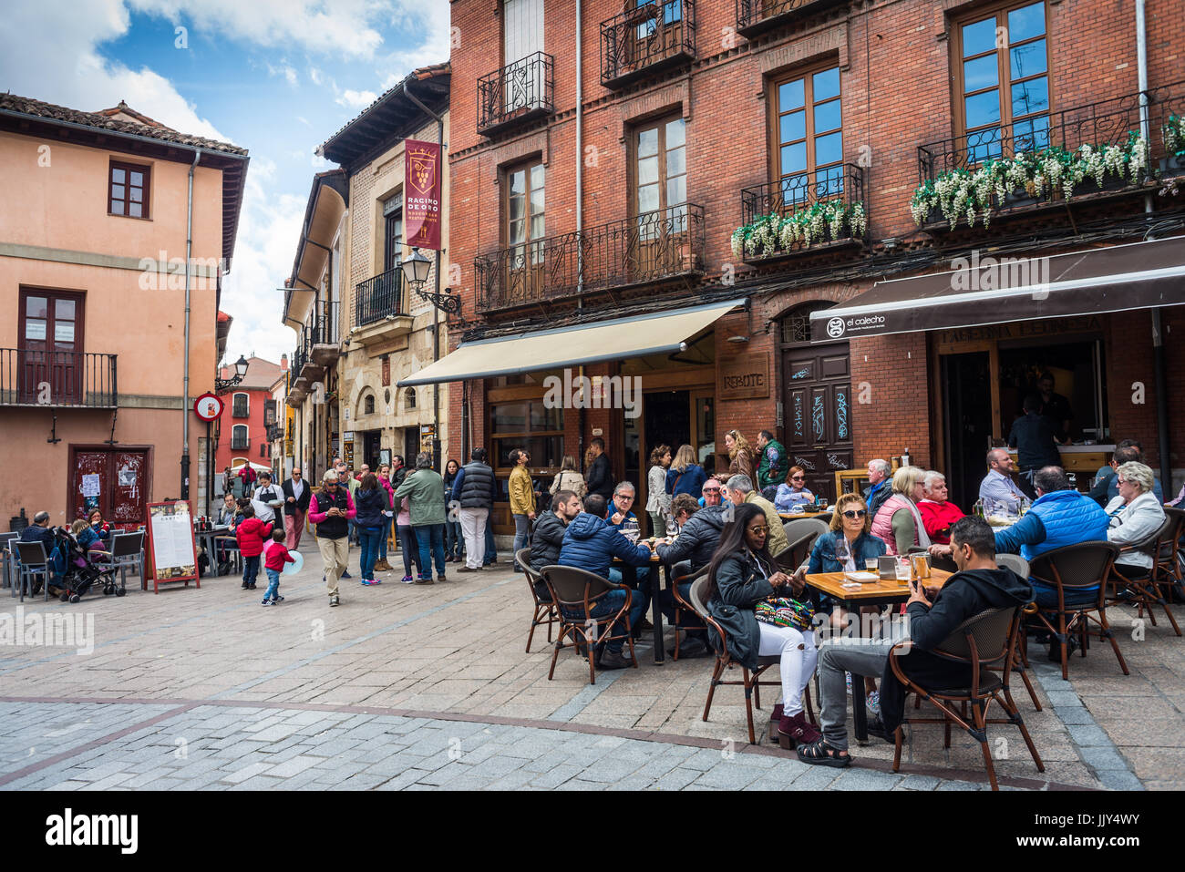 street scene in the historic center of the Leon, Spain. Camino de ...