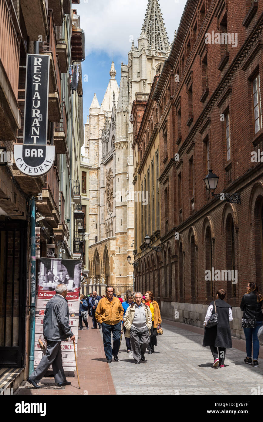 street scene in the historic center of the Leon, Spain. Camino de ...
