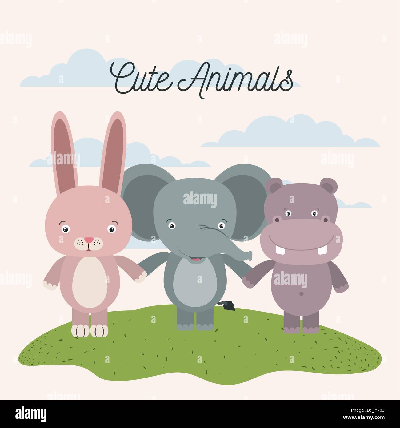 white background with color scene rabbit elephant and hippopotamus cute ...