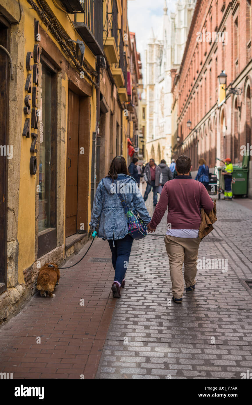 street scene in the historic center of the Leon, Spain. Camino de ...