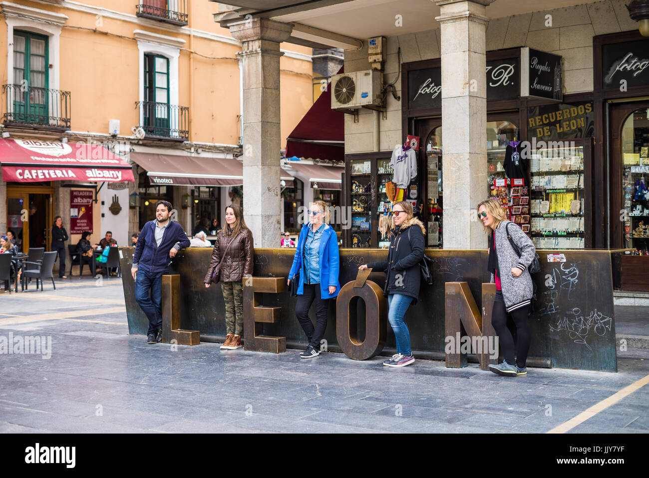 street scene in the historic center of the Leon, Spain. Camino de ...
