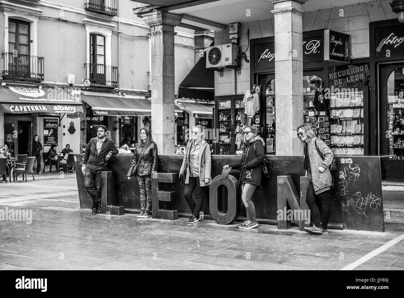 street scene in the historic center of the Leon, Spain. Camino de ...