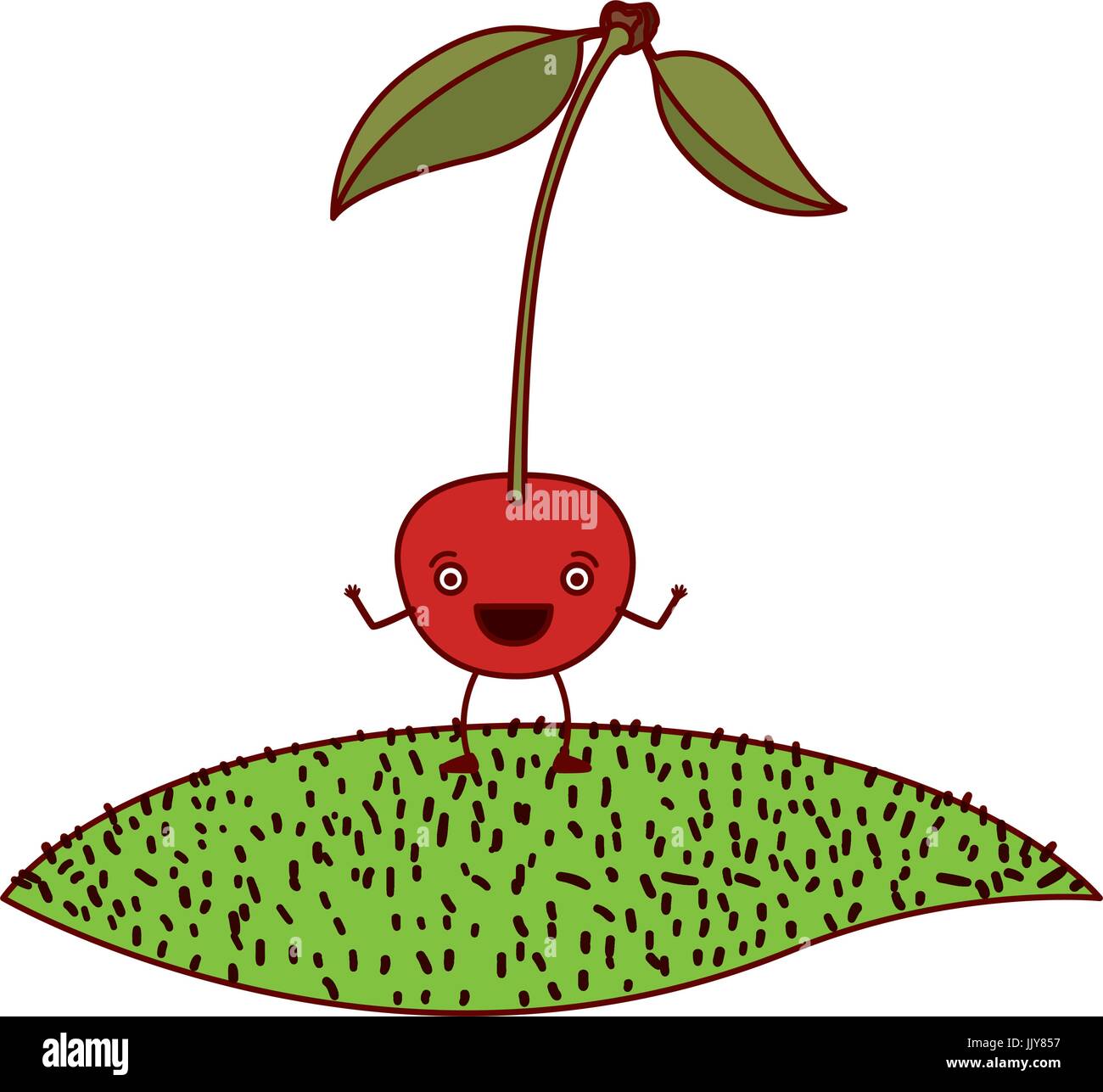 white background of cherry caricature with stem and leaves over grass ...