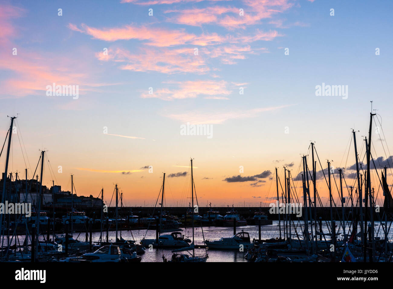 England, Ramsgate. Dawn sky the wall of the outer harbour. Harbour ...