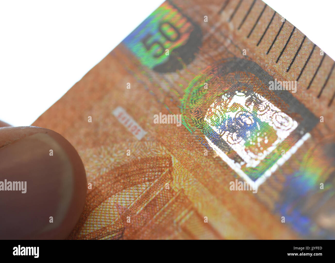 A counterfeit window, a security feature of the new 50 euro series, as ...