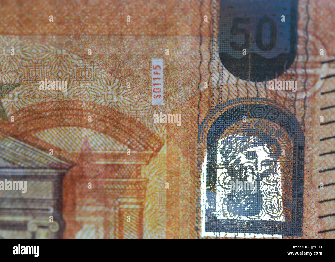 A counterfeit window, a security feature of the new 50 euro series, as ...