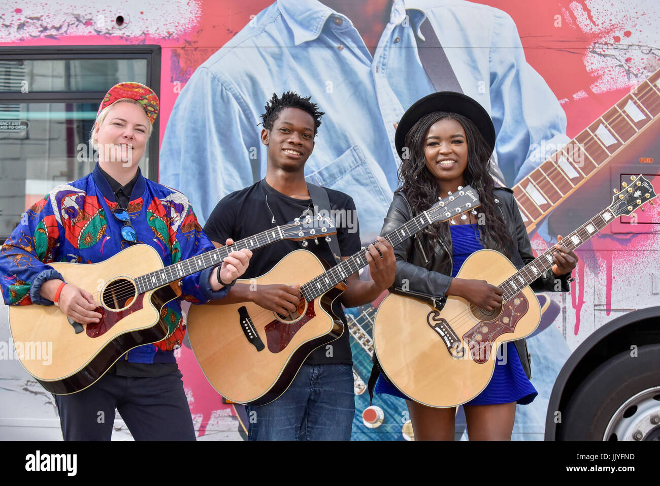 London, UK. 21 July 2017. Musicians (L to R) Kal Lavelle, Jay Johnson ...