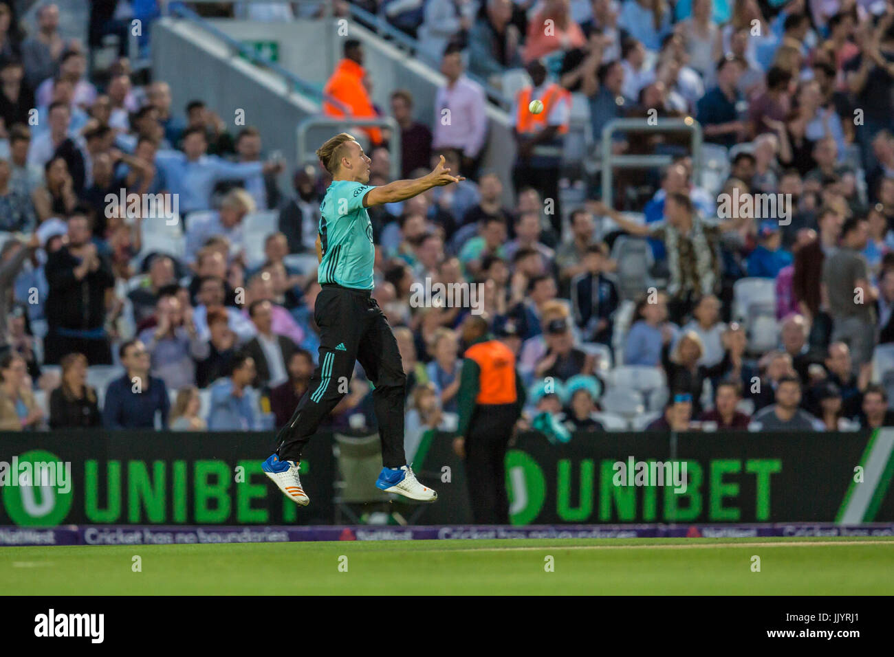 London, UK. 21 July, 2017. Tom Curran celebrates having just caught ...