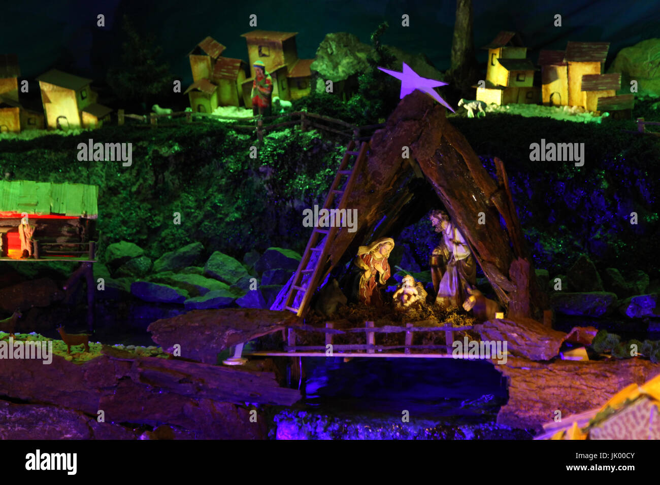 Christmas nativity scene with figurines including Jesus, Mary, Joseph ...