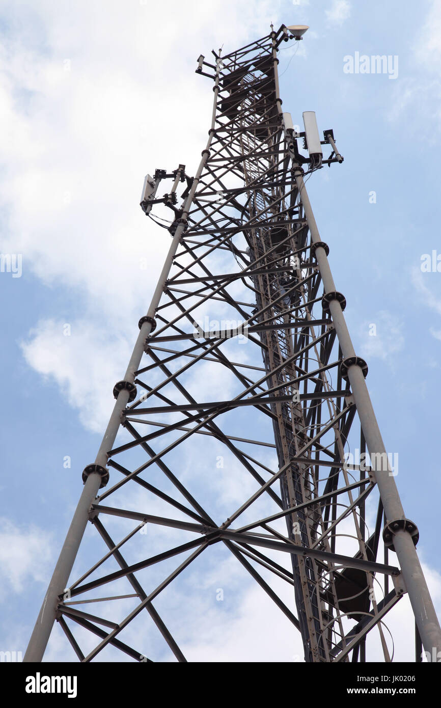 Mobile phone communication tower transmission signal with blue sky and ...