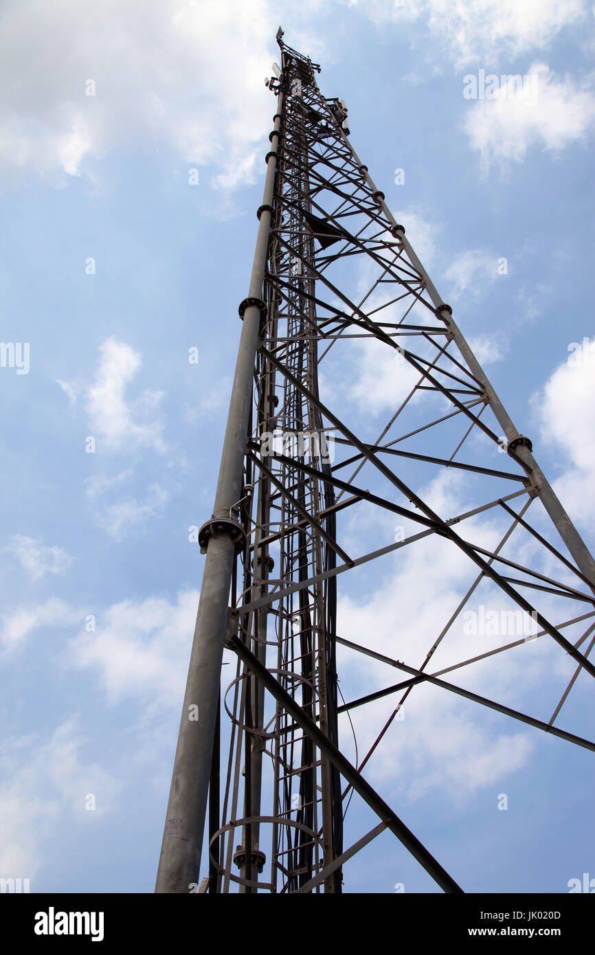 Mobile phone communication tower transmission signal with blue sky and ...