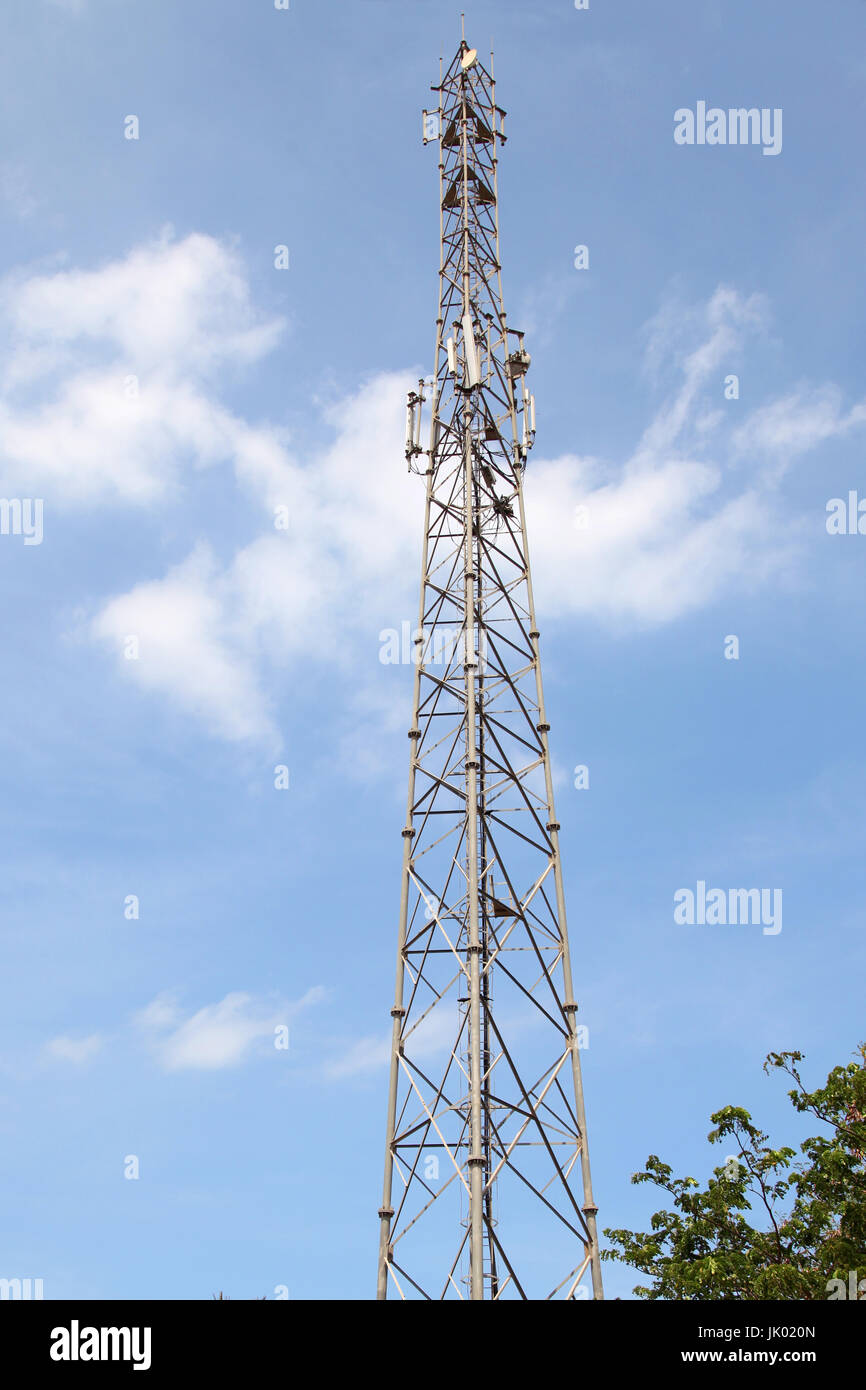 Mobile phone communication tower transmission signal with blue sky and ...