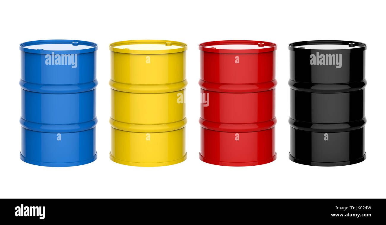 four colorful barrels on white background Stock Photo - Alamy