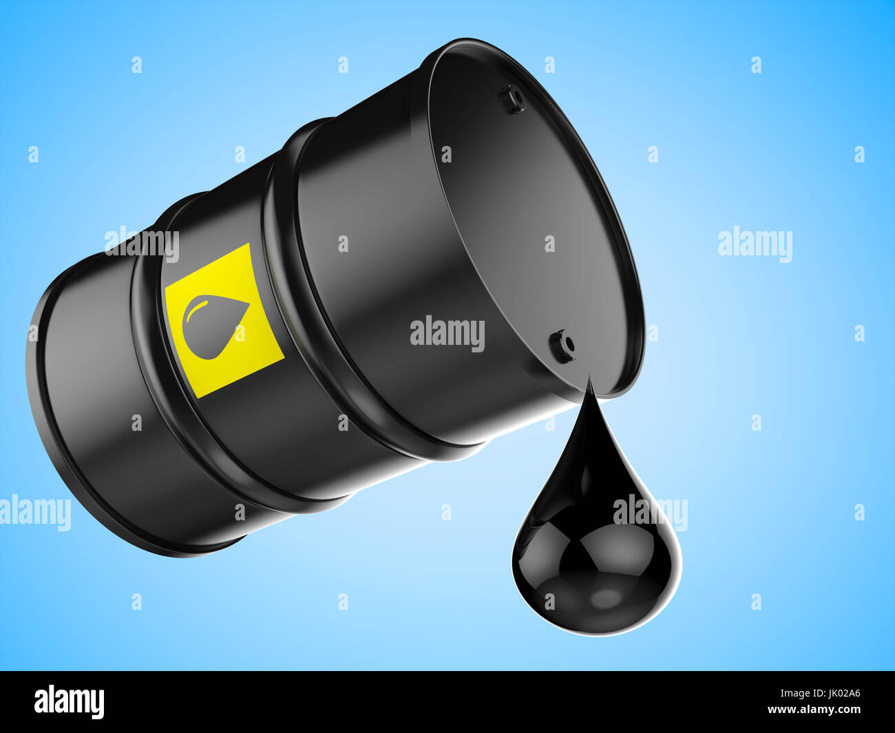 3d rendering droplet of crude oil with black barrel on blue background ...