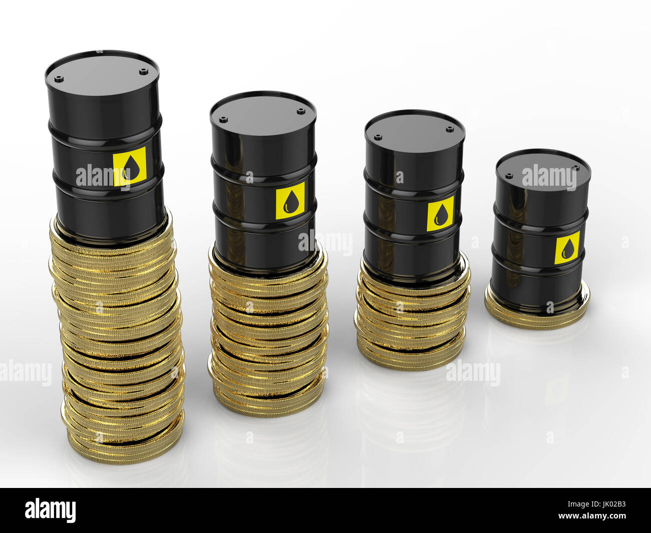 3d rendering oil price falling with oil barrels and gold coins Stock ...