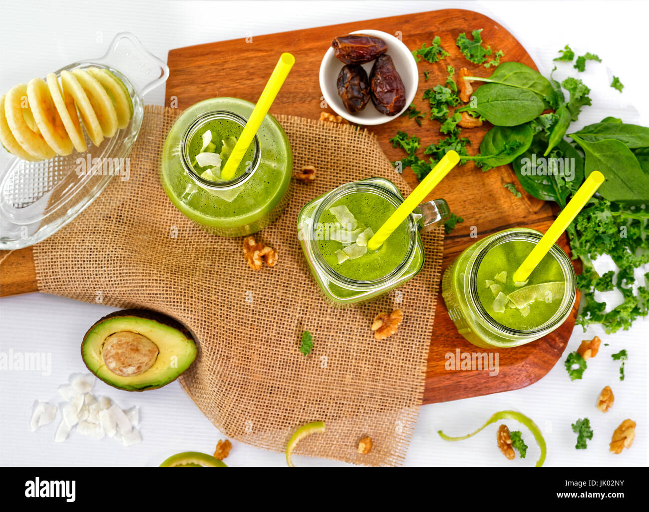 Vegan Kale and Avocado juice with spinach, apple and walnut Stock Photo ...