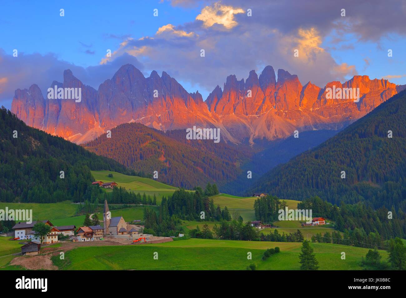Santa Magdalena village in front of Dolomites Group, Val di Funes ...