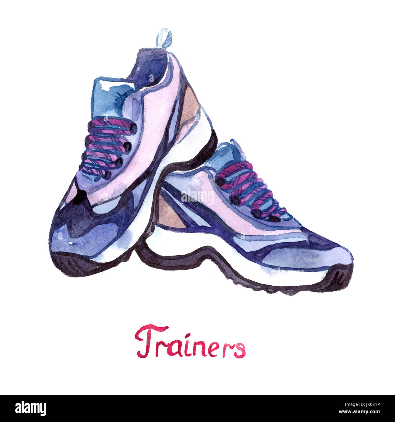 Pair of blue modern trainers, isolated with inscription, hand painted ...