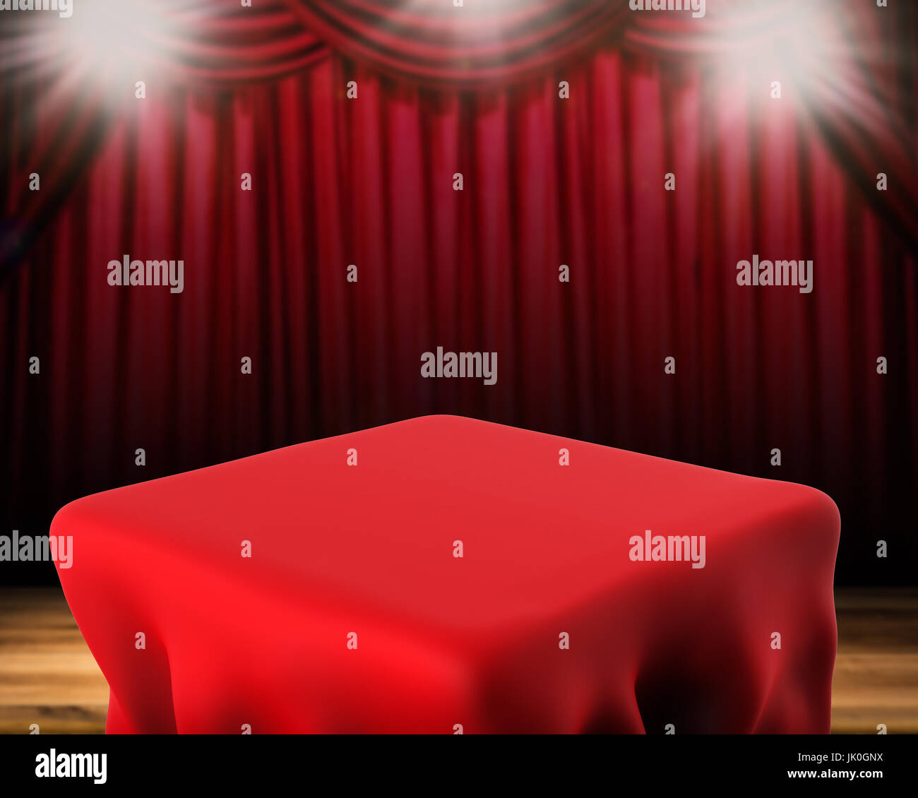 magic show concept with square table and red curtain background Stock ...