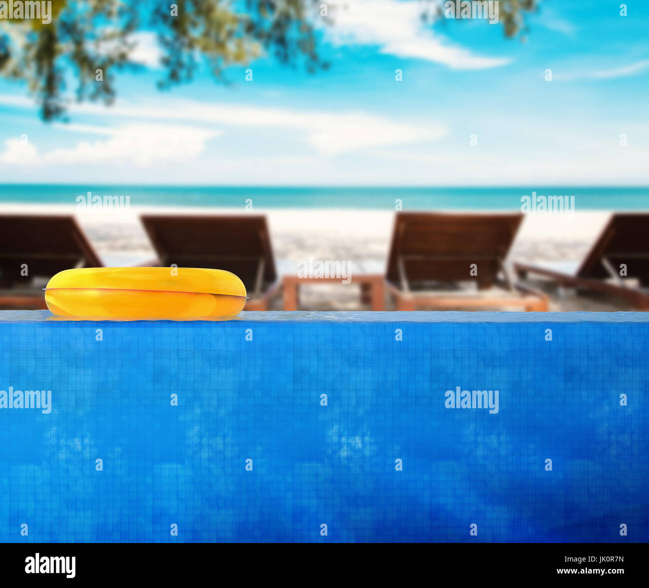 3d rendering pool side view with yellow swim ring Stock Photo - Alamy