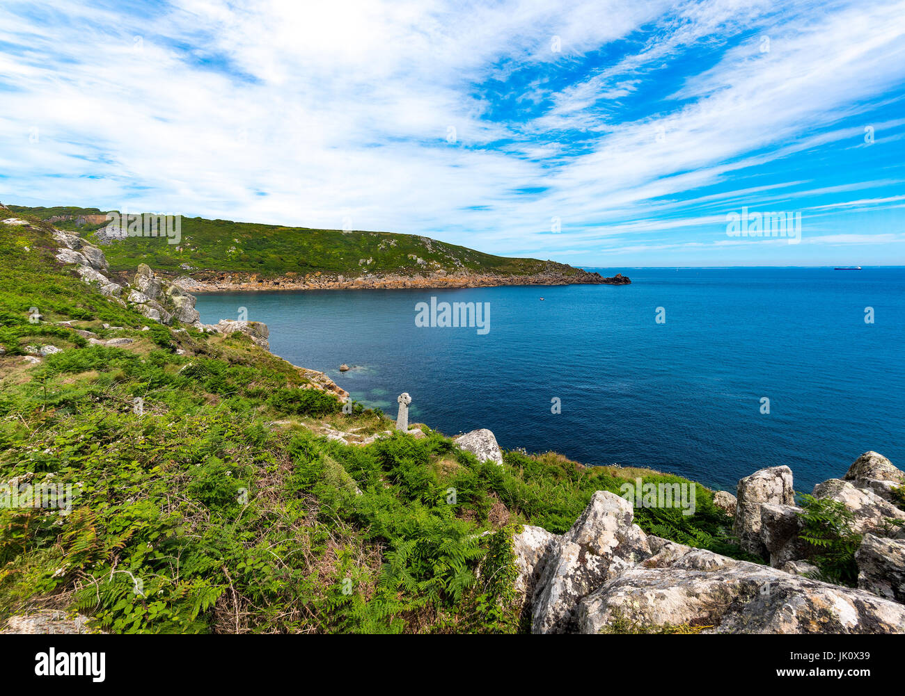 Lamorna Cove and Carn-Du, Cornwall, UK, seen from Tregurnow Cliff Stock ...