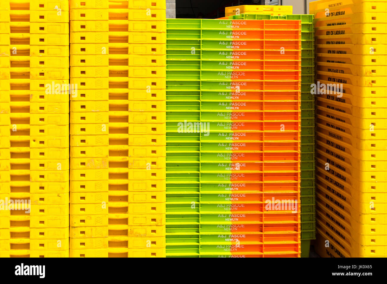 NEWLYN, CORNWALL, UK - 07JUL2017: Fish crates at Newlyn Fish Market ...