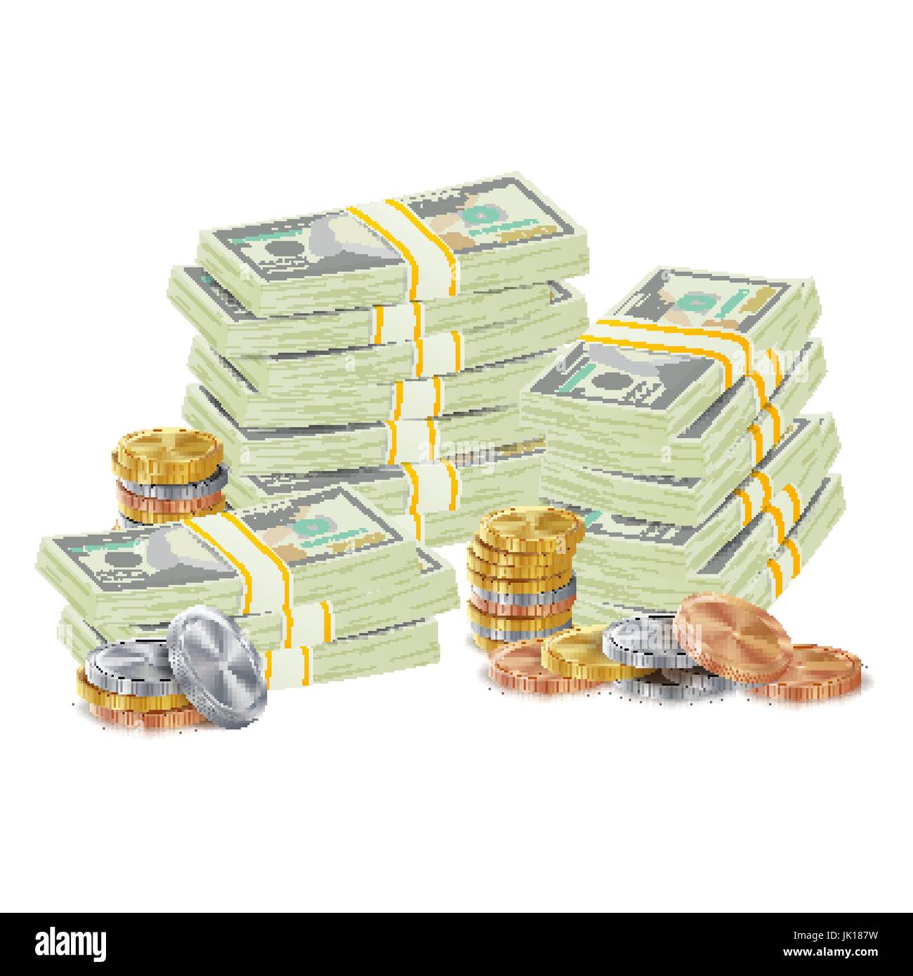 Hundreds Dollars Vector Packing In Bundles Of Bank Notes, Bills, Gold ...